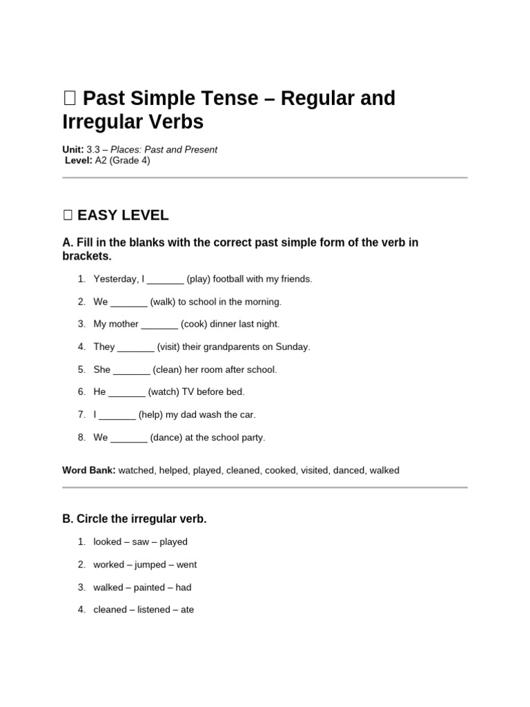 Past Simple Tense Exercises for A2 Level | PDF | Language Mechanics ...