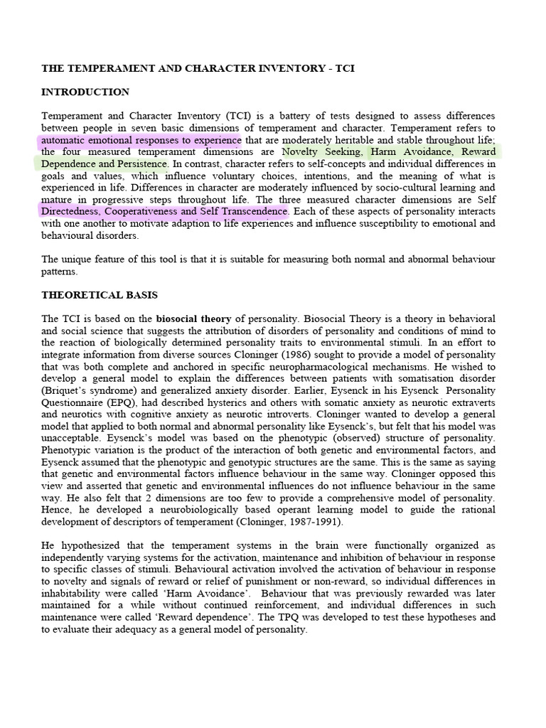 Temperament and Character Inventory Theory | PDF | Personality Disorder | Temperament