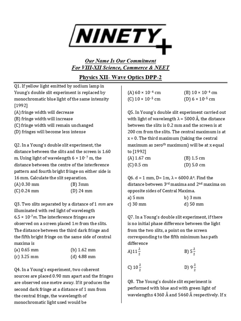 Wave Optics DPP-2 Physics 12th | PDF | Wavelength | Applied And Interdisciplinary Physics