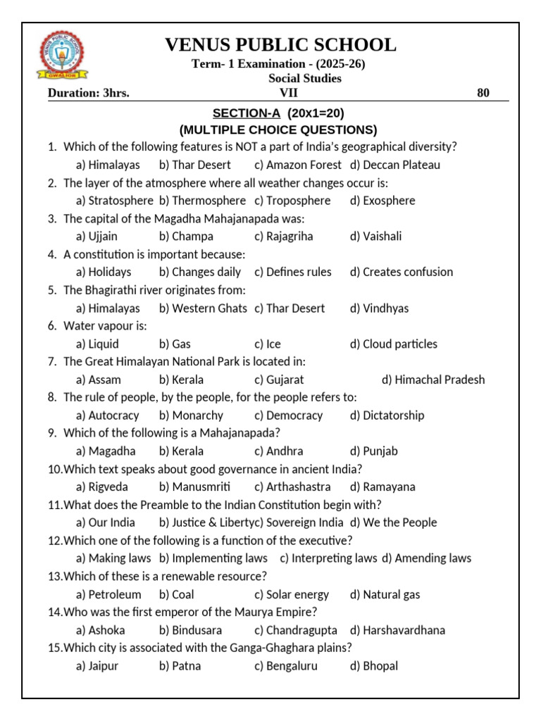 Class 7th SST Term 1 Set A Pyq | PDF | Climate | Himalayas