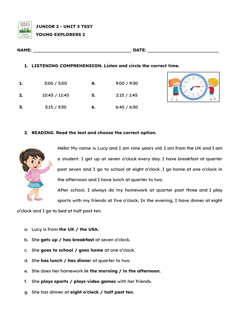 Junior 2 Unit 5 Test: Time & Reading | PDF