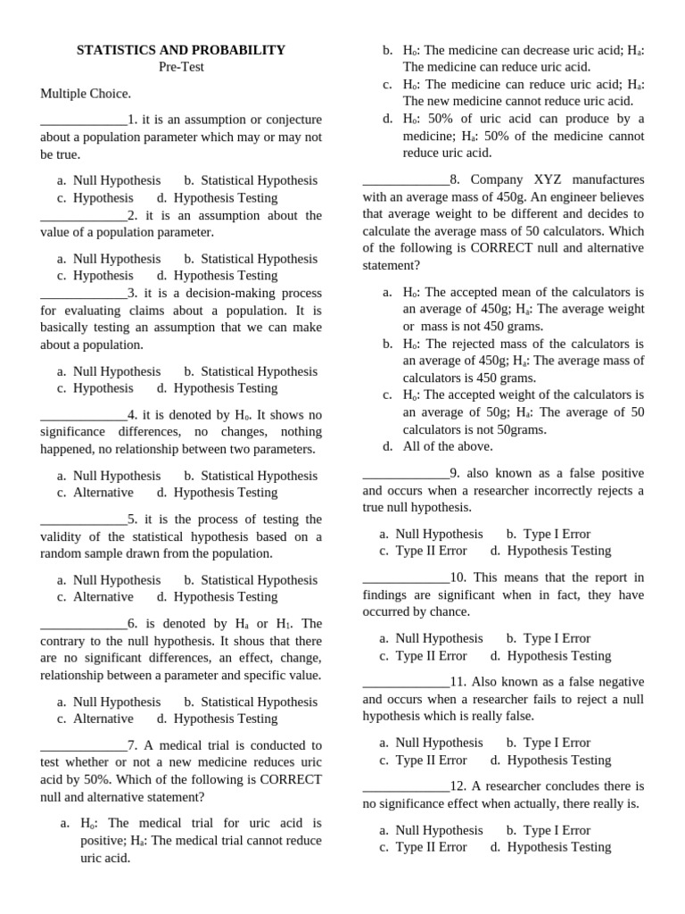 Stats Pre-Test | PDF | Type I And Type Ii Errors | Null Hypothesis