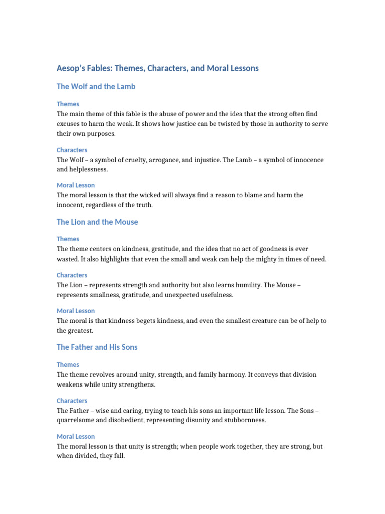 Aesops Fables Themes Characters Moral Lessons | PDF | Seven Deadly Sins