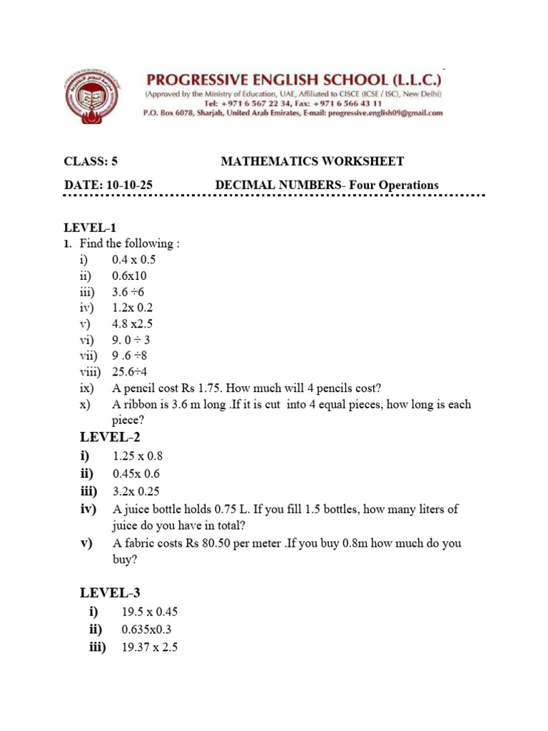 Class 5 WEEKLY WORKSHEET-Decimals-Four Operations | PDF