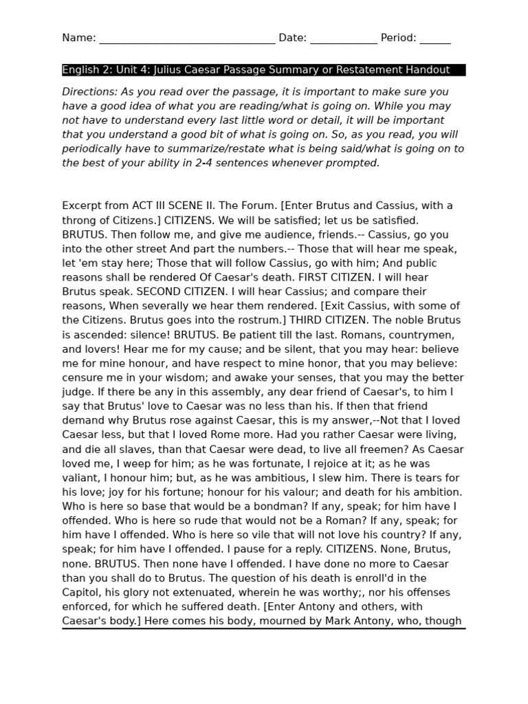 Julius Caesar Speech Summary Handout | PDF | Mark Antony | Julius Caesar