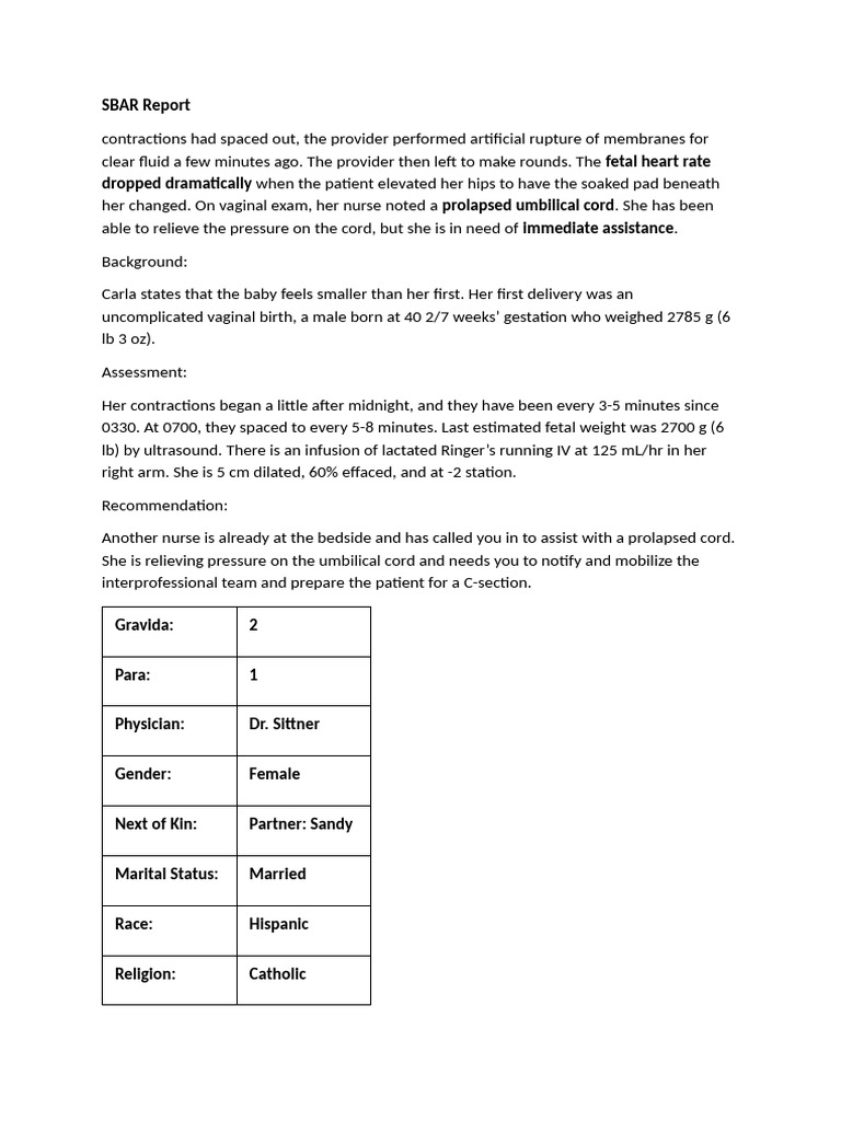 SBAR Report | PDF | Childbirth | Intravenous Therapy