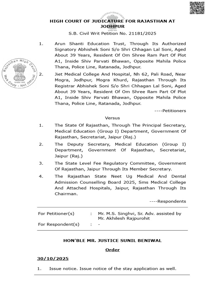 Rajasthan Mbbs Bds Jiet Medical College and Hospital Court Notice | PDF