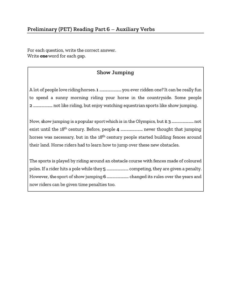 PET Reading Part 6 5 Open Cloze Tests | PDF