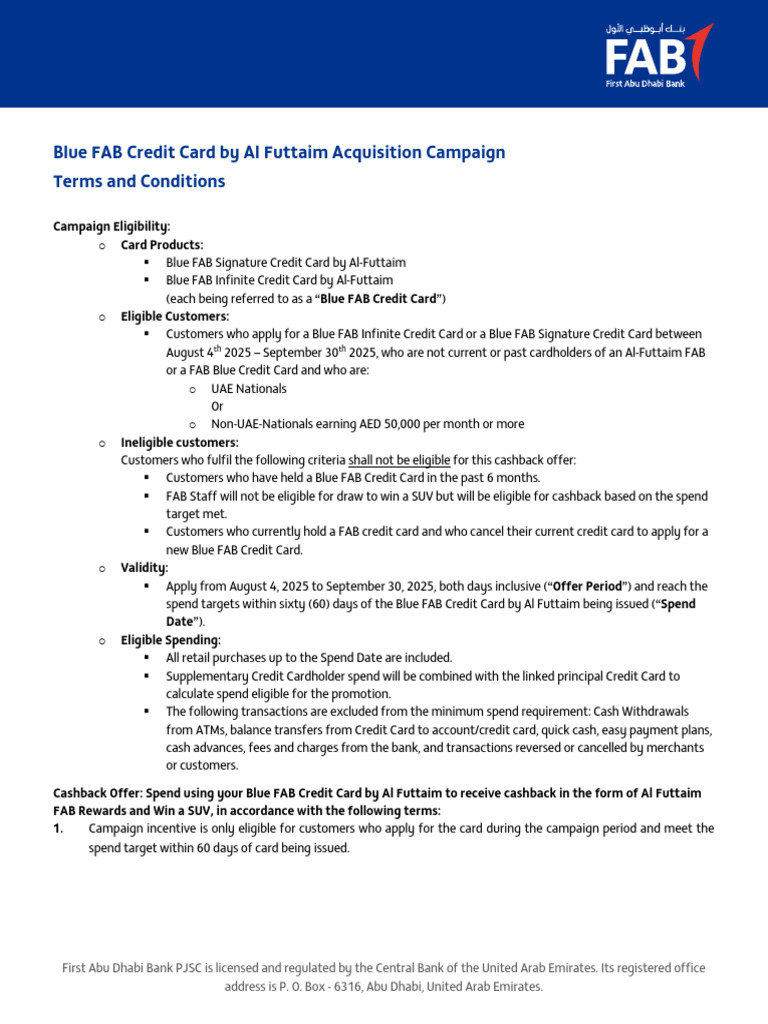 Blue FAB Credit Card Campaign Terms | PDF | Credit Card | Banking