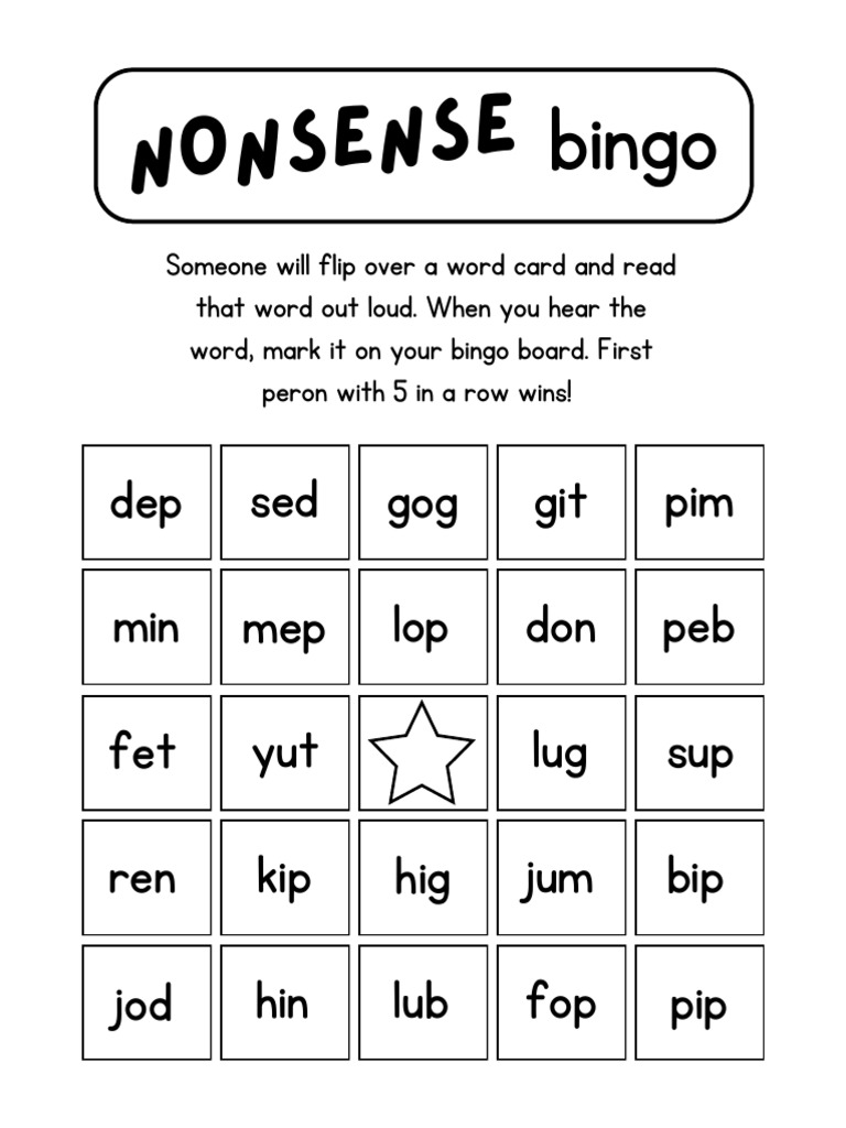 Black White Simple Nonsense Words Bingo | PDF