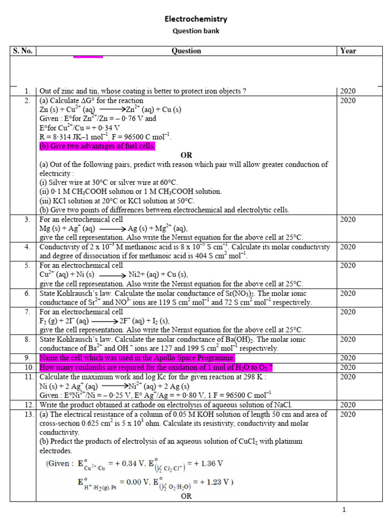 Electrochemistry Question Bank 2020 | PDF | Electrochemistry | Chemistry