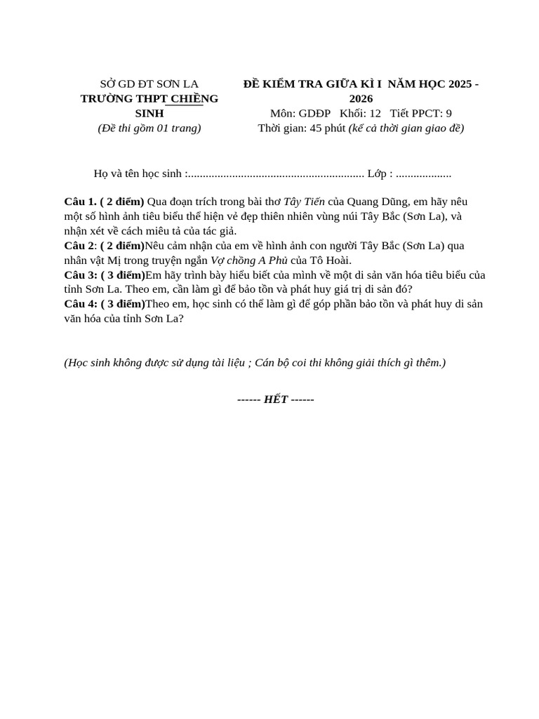 GDDP 12-TIẾT 9-KIỂM TRA GIỮA HỌC KÌ I | PDF