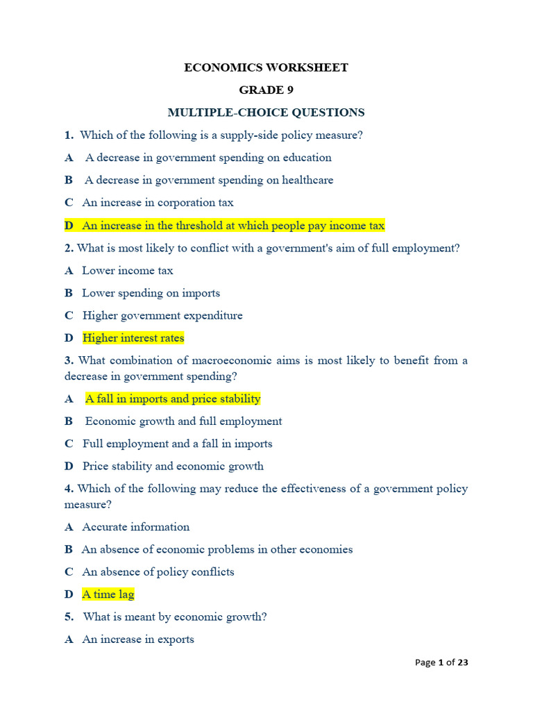 Grade 9 Economics Multiple-Choice Worksheet | PDF | Unemployment ...