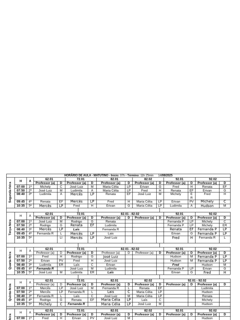 HORÁRIO DE AULA 14.08.2025 | PDF