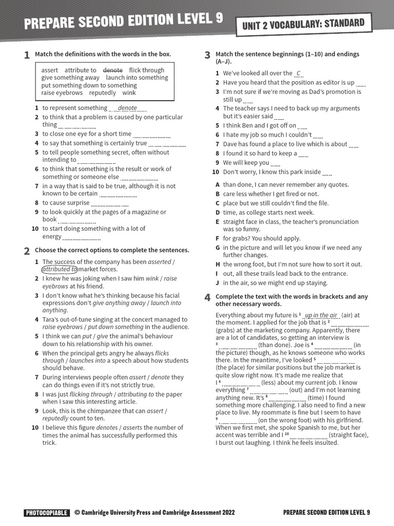 Vocabulary Exercises for Level 9 Students | PDF