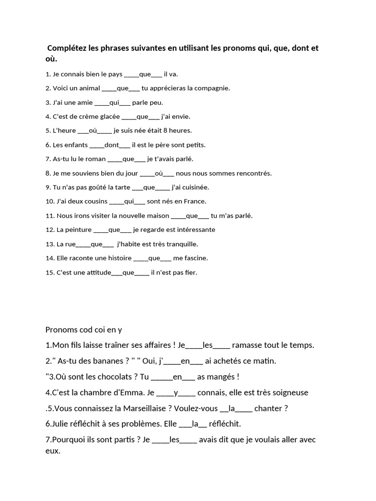 Exercices sur les pronoms relatifs et COD | PDF