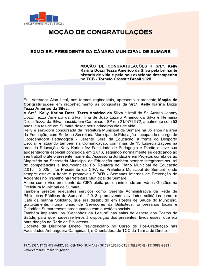 MOÇÃO de CONGRATULAÇÕES Srt.ª. Kelly Karina Dozzi Tezza Américo Da ...