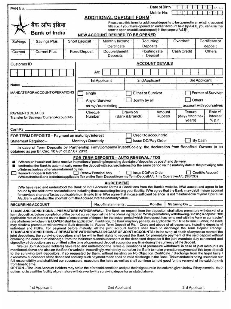 Band of India Additional Deposit Form | PDF