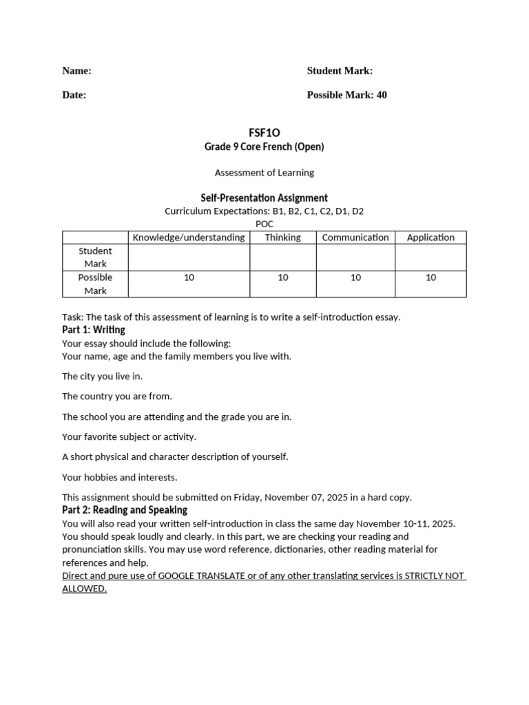 G9 Self-Introduction Assignment 2025-26 | PDF | Thought | Syntax