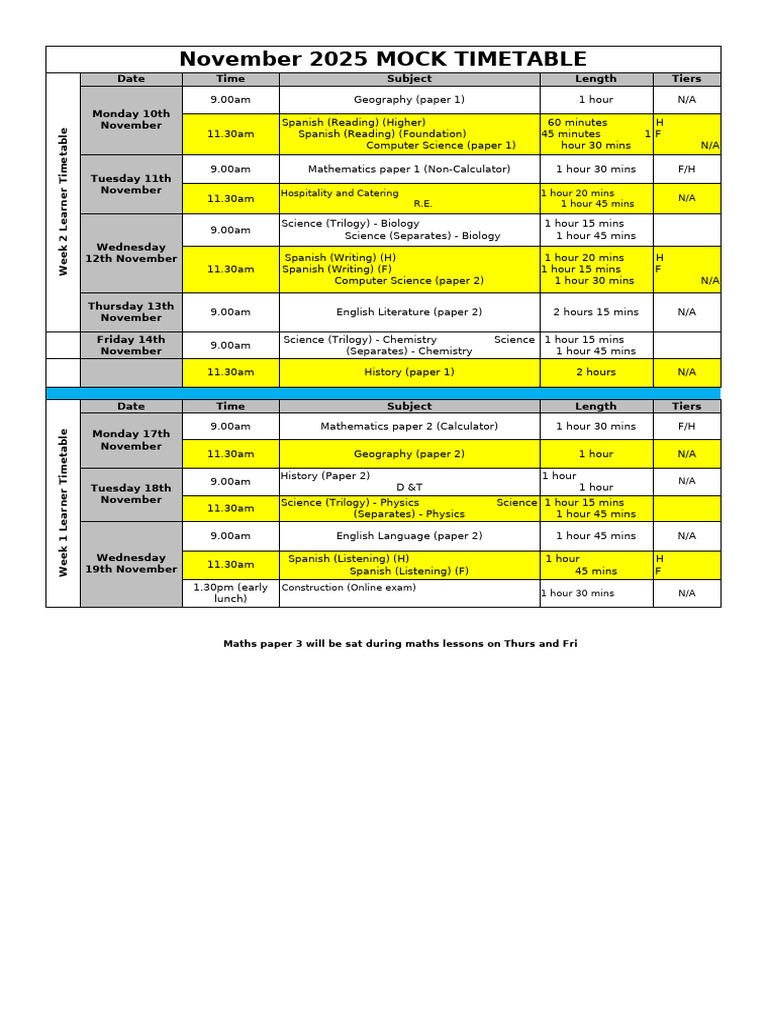 Mock Exam Timetable - Students - Final | PDF | Science | Mathematics