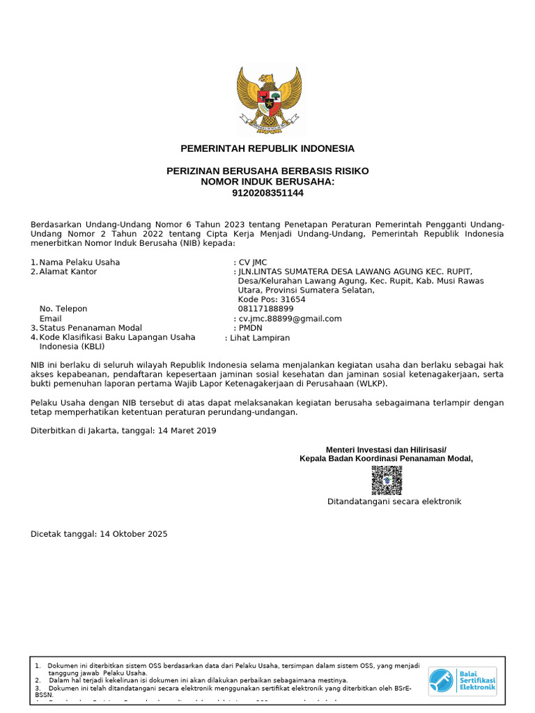 NIB CV JMC dan Perizinan Usaha | PDF