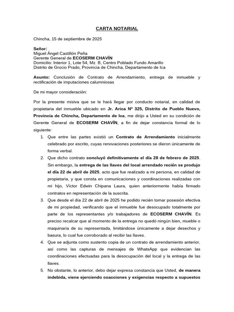 CARTA NOTARIAL A ECOSERM CHAVIN-EVA LAURA SALDAÑA | PDF