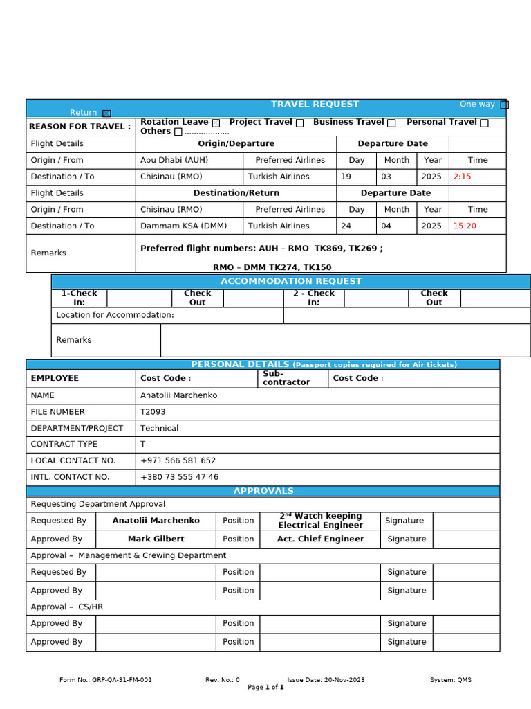 Anatolii T2093 GRP-QA-31-FM-001 Travel Accomodation Request Form R0 19. ...