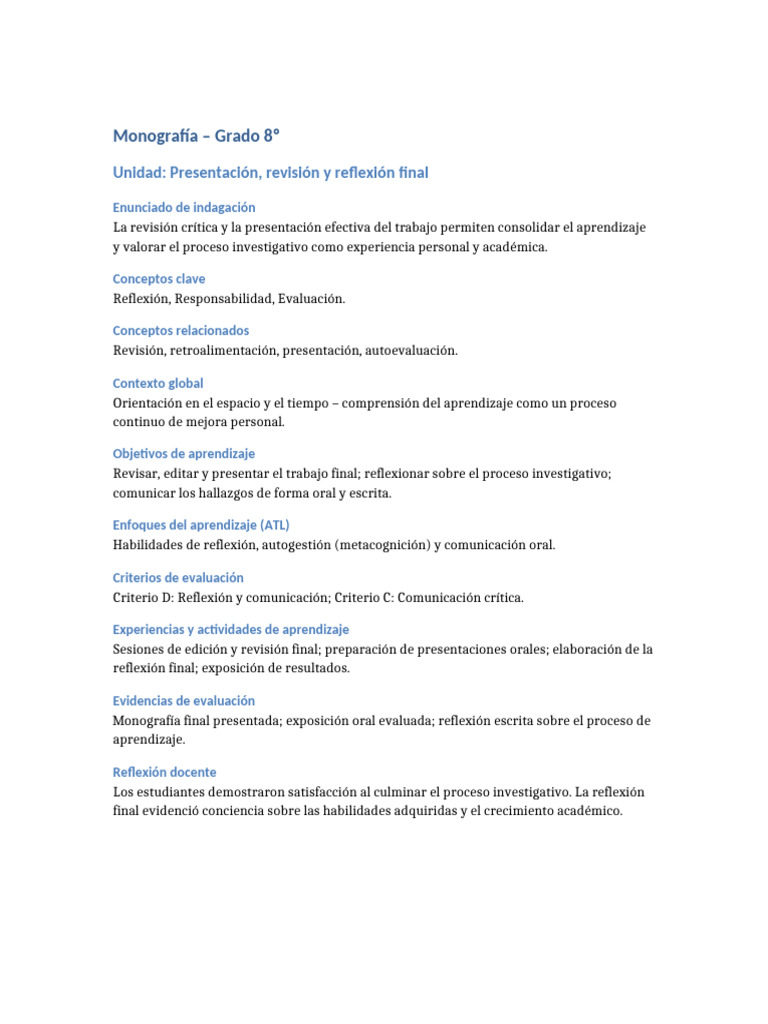 Planificador Monografia Grado8 Unidad4 | PDF