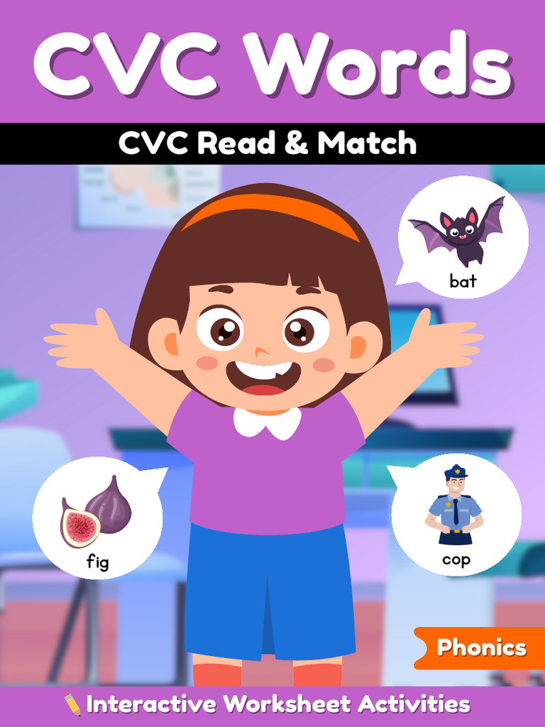 CVC Read and Match Worksheet Activity in Purple Semi Realistic Cartoon ...