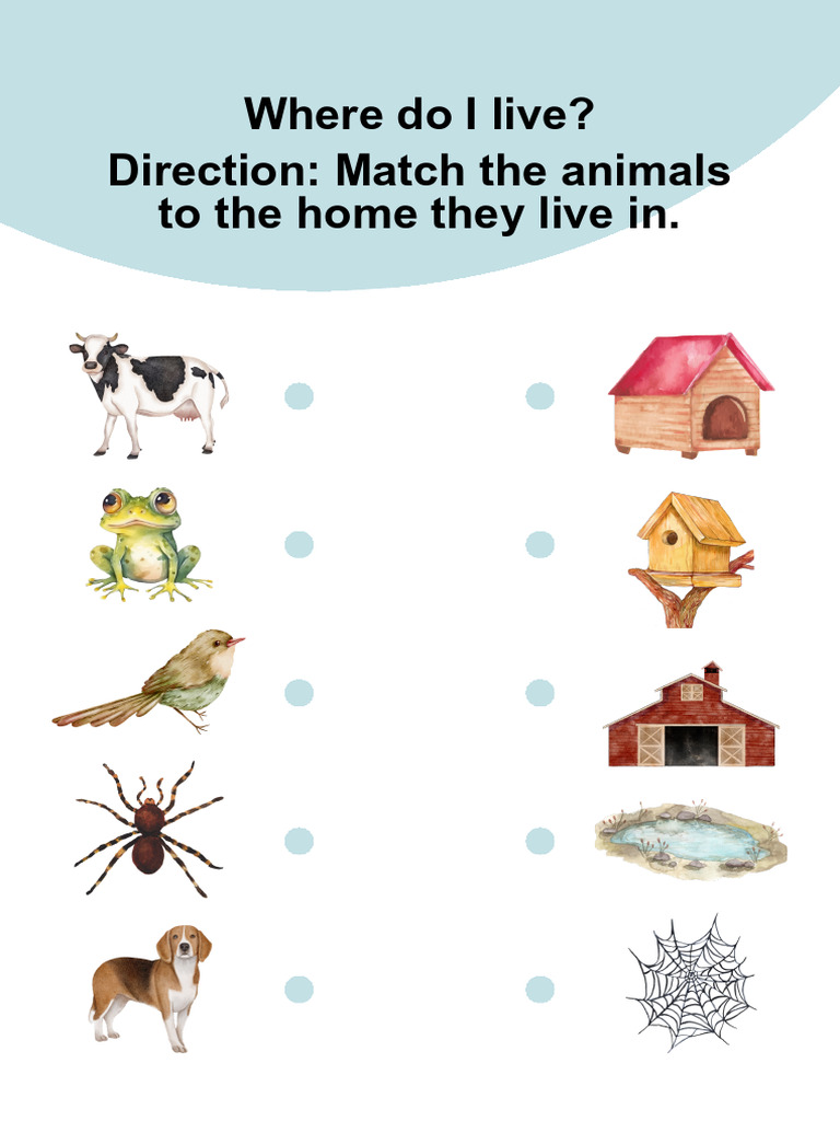 Home of Animals Matching Type Worksheet in Blue-White Simple Style | PDF
