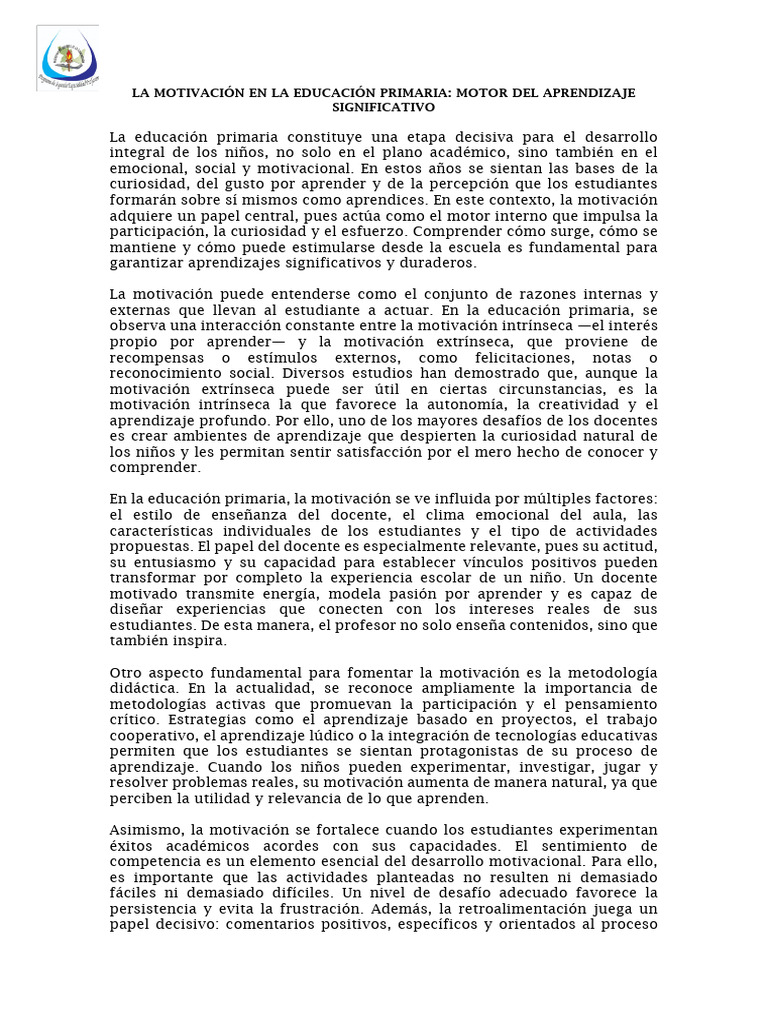 CONTROL DE LECTURA - LA MOTIVACIÓN EN LA EDUCACIÓN PRIMARIA | PDF ...