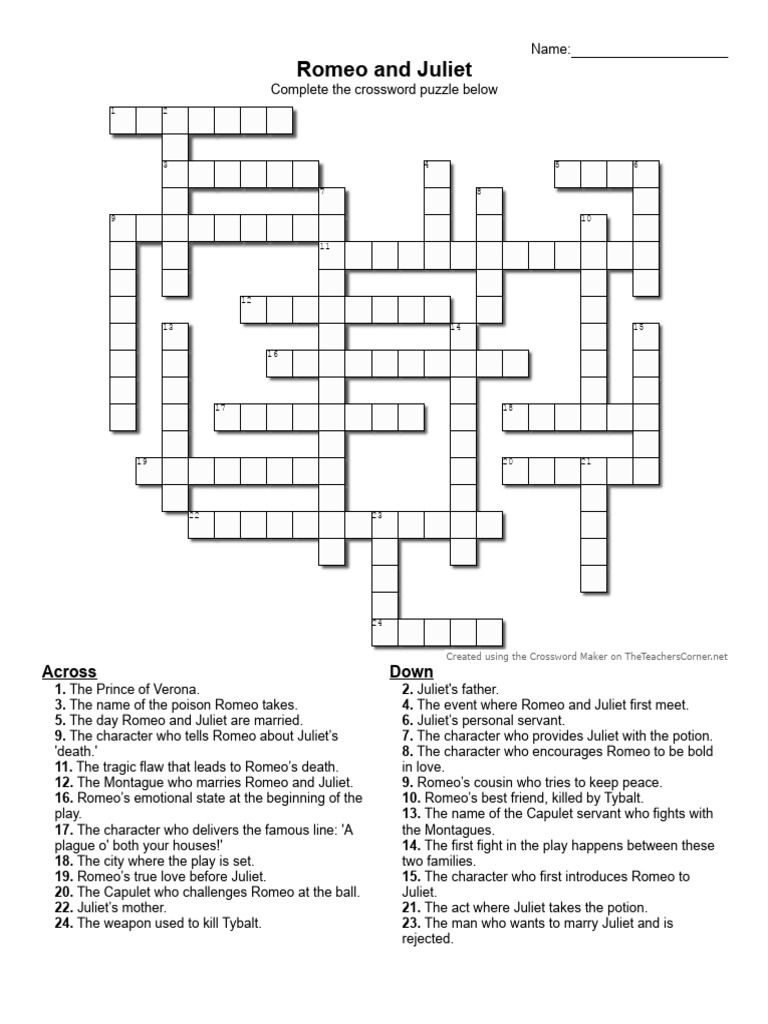 Romeo and Juliet Crossword Puzzle | PDF | Characters In Romeo And ...