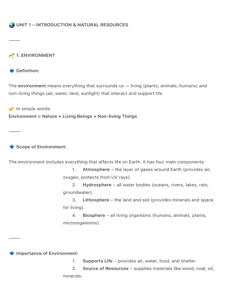 ? Unit 1 – Introduction & Natural Resources | PDF | Natural Environment | Soil