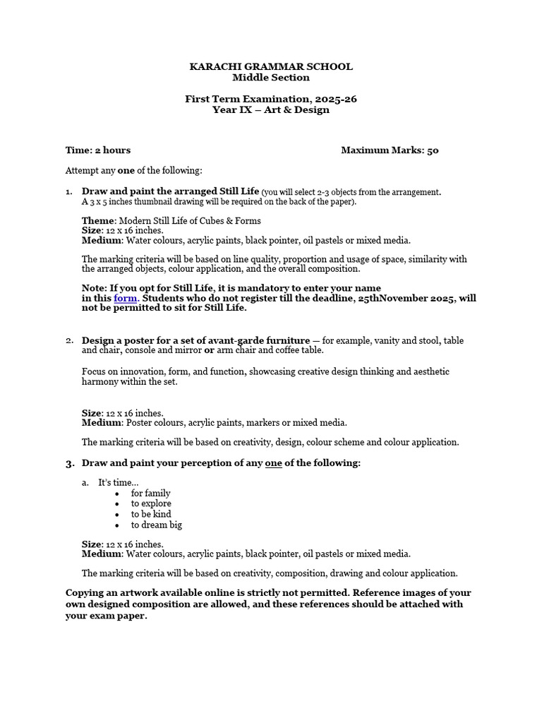 Year IX Art & Design Exam Guide | PDF