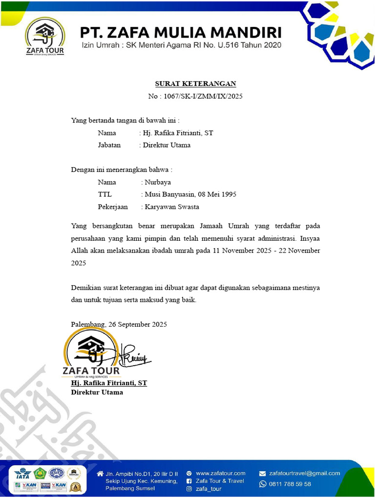 Surat Keterangan Jamaah Umrah Nurbaya | PDF
