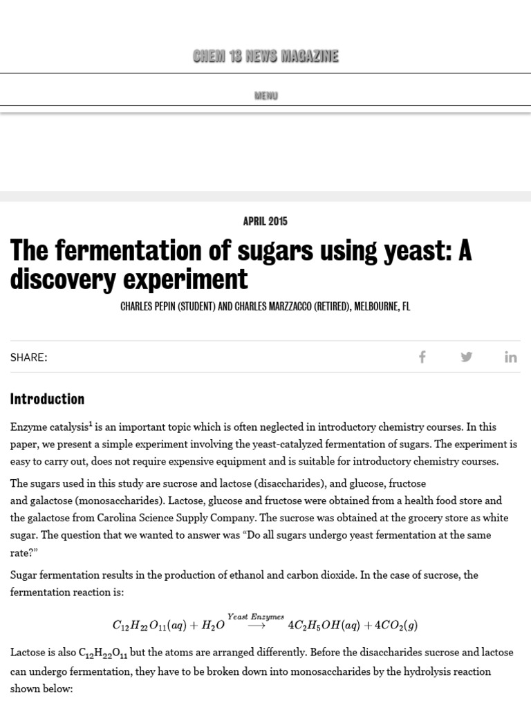 The Fermentation of Sugars Using Yeast_ a Discovery Experiment _ Chem ...