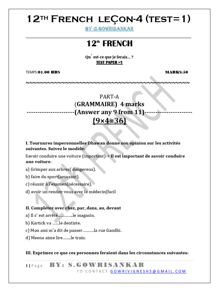 Test de Grammaire Française - Leçon 4 | PDF | Linguistique