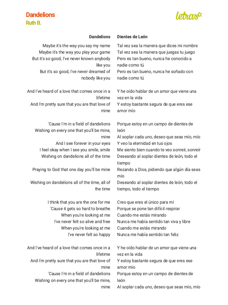 Dandelions TRADUCCIÓN - Ruth B. (Impressão) | PDF | Música grabada | Grabación de sonido