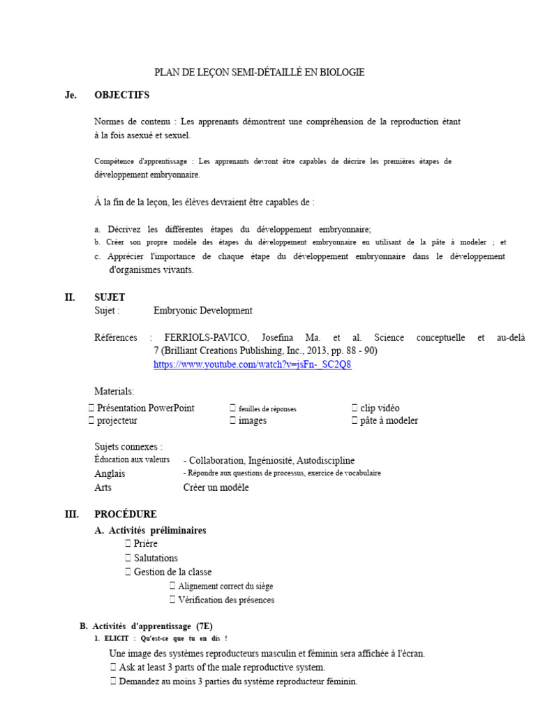 Plan de leçon sur le développement embryonnaire | PDF | Fécondation ...