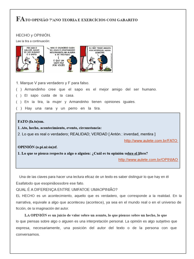 Hecho Opinión 7º Año Teoría y Ejercicios Con Respuesta | PDF