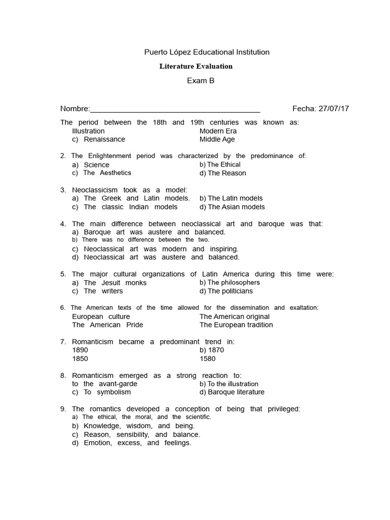 Literature Exam Exam B | PDF | Romanticism | Baroque