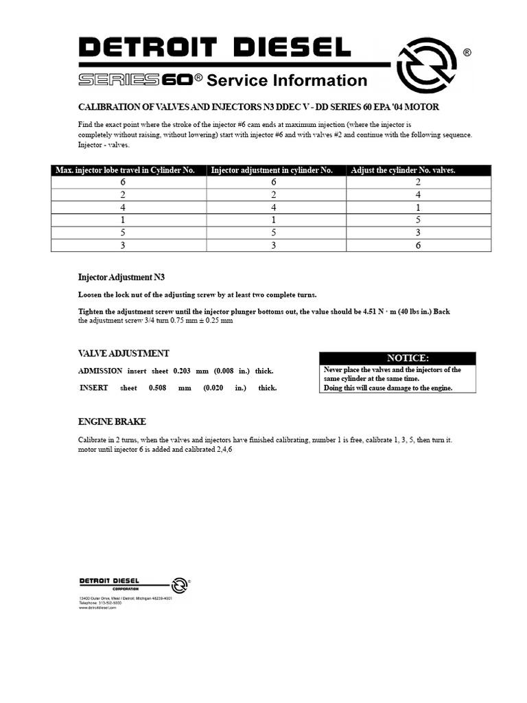 CALIBRATION OF VALVES AND INJECTORS N3 DDEC V - DD SERIES 60 EPA '04 ...