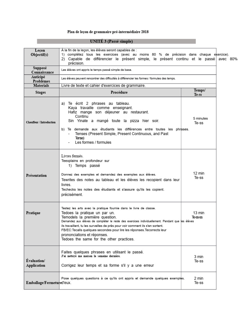 Plan de Leçon (Passé Simple) | PDF
