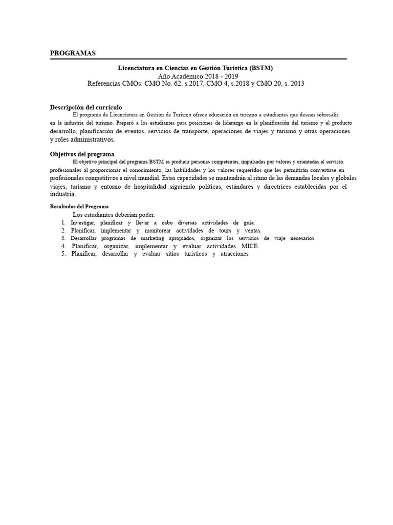 Licenciatura en Ciencias en Gestión Turística BSTM | PDF | Turismo | Plan de estudios