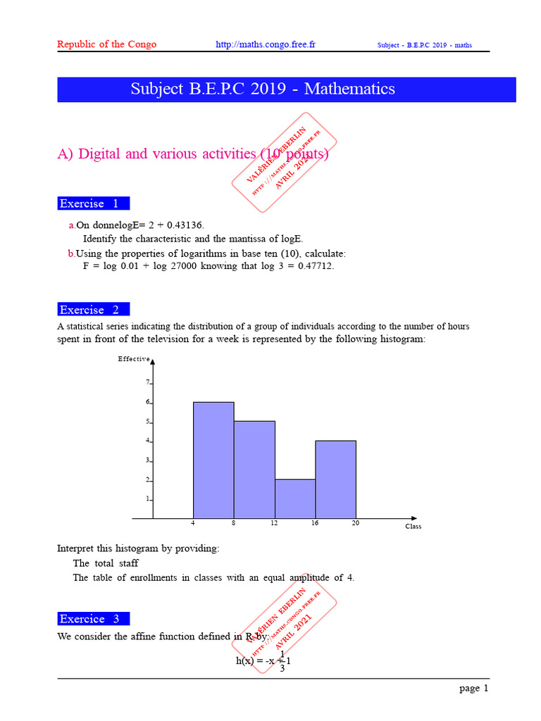 Bepc 2019 Subject Mathematics, Congo | PDF | Logarithm | Mathematics