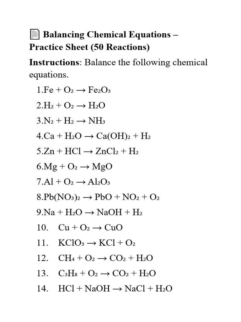 Chemical Equations Balancing Practice | PDF | Chess Openings | Chemical ...