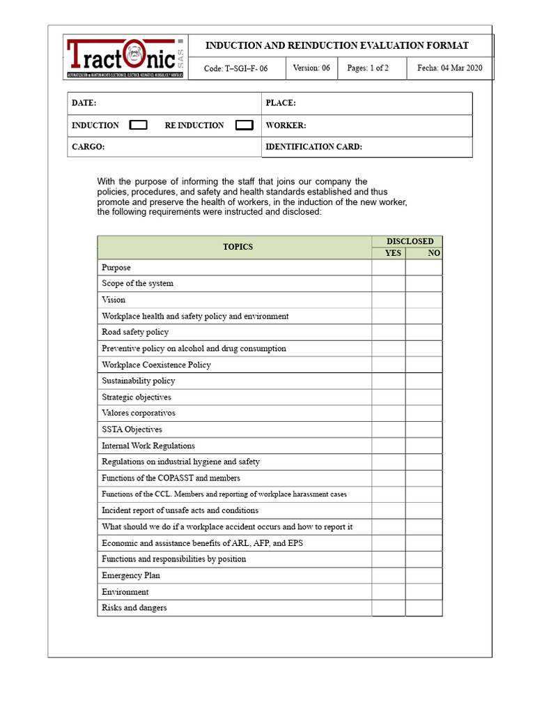 Induction and Reinduction Evaluation Format New | PDF | Occupational ...