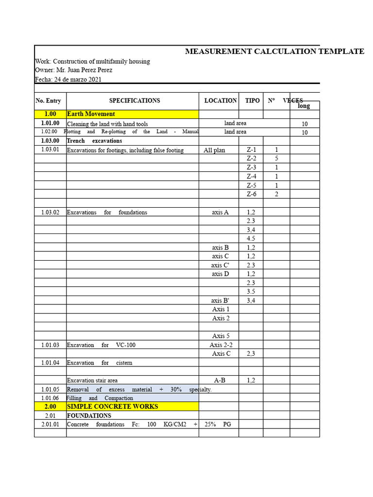 Measuring Sheet - Excel Students | PDF | Concrete | Architectural Design
