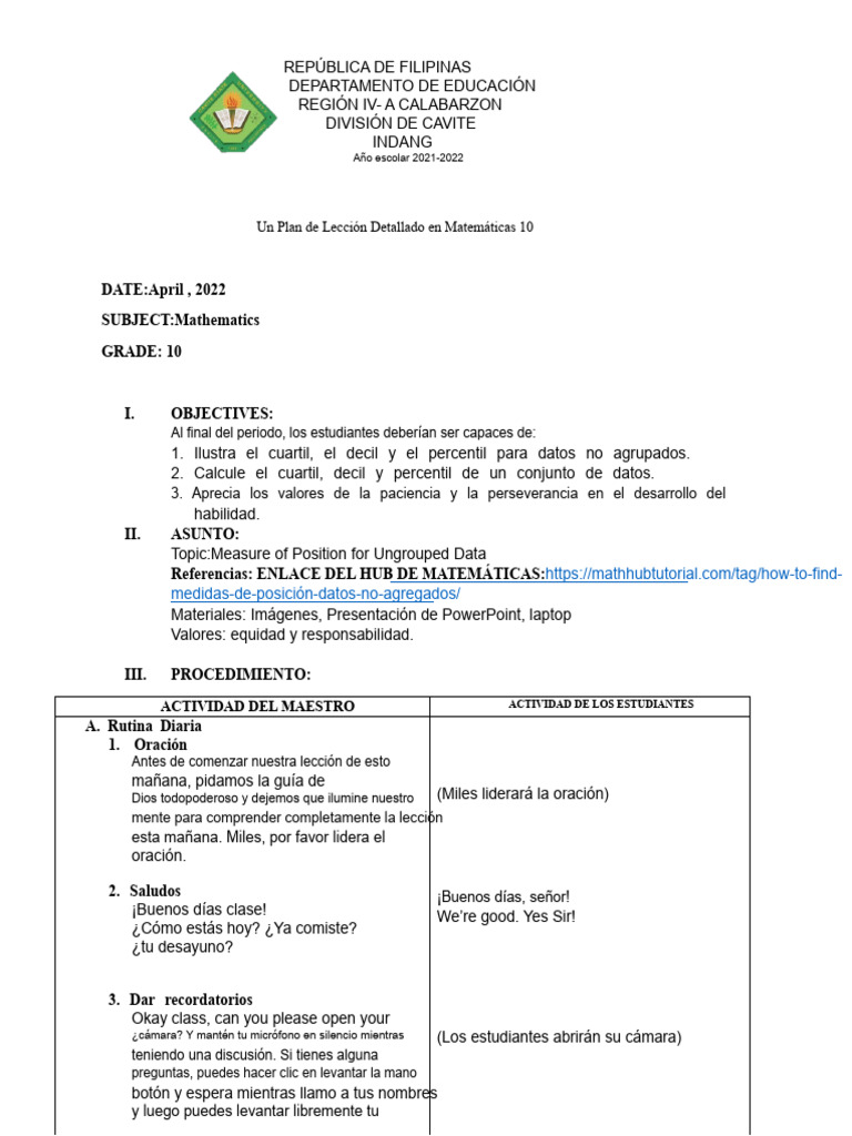 PLAN DIARIO DE CLASE | PDF | Cuantil | Mediana