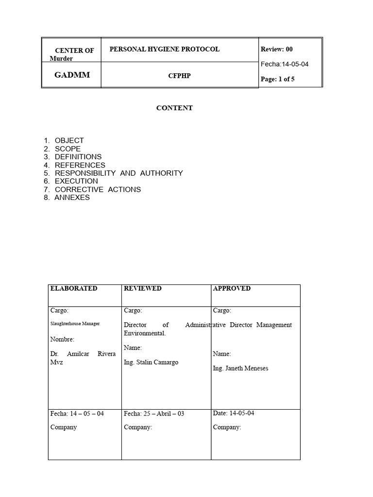 Personal Hygiene Protocol | PDF | Physical Examination | Food Safety